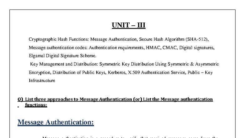 Unit 3 CNS: Cryptographic Hash Functions & Message Authentication Techniques - Studocu