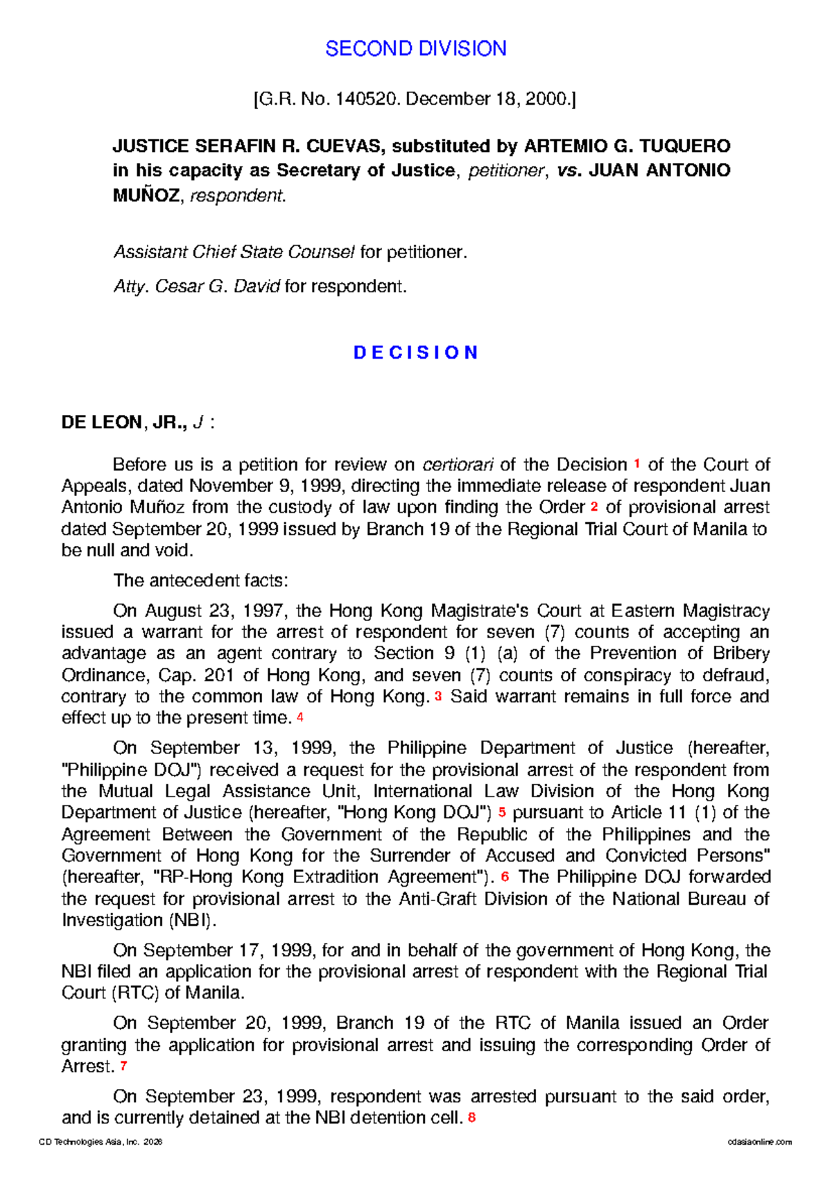 SECOND DIVISION No. 140520: Cuevas vs. Muñoz - Extradition Decision ...