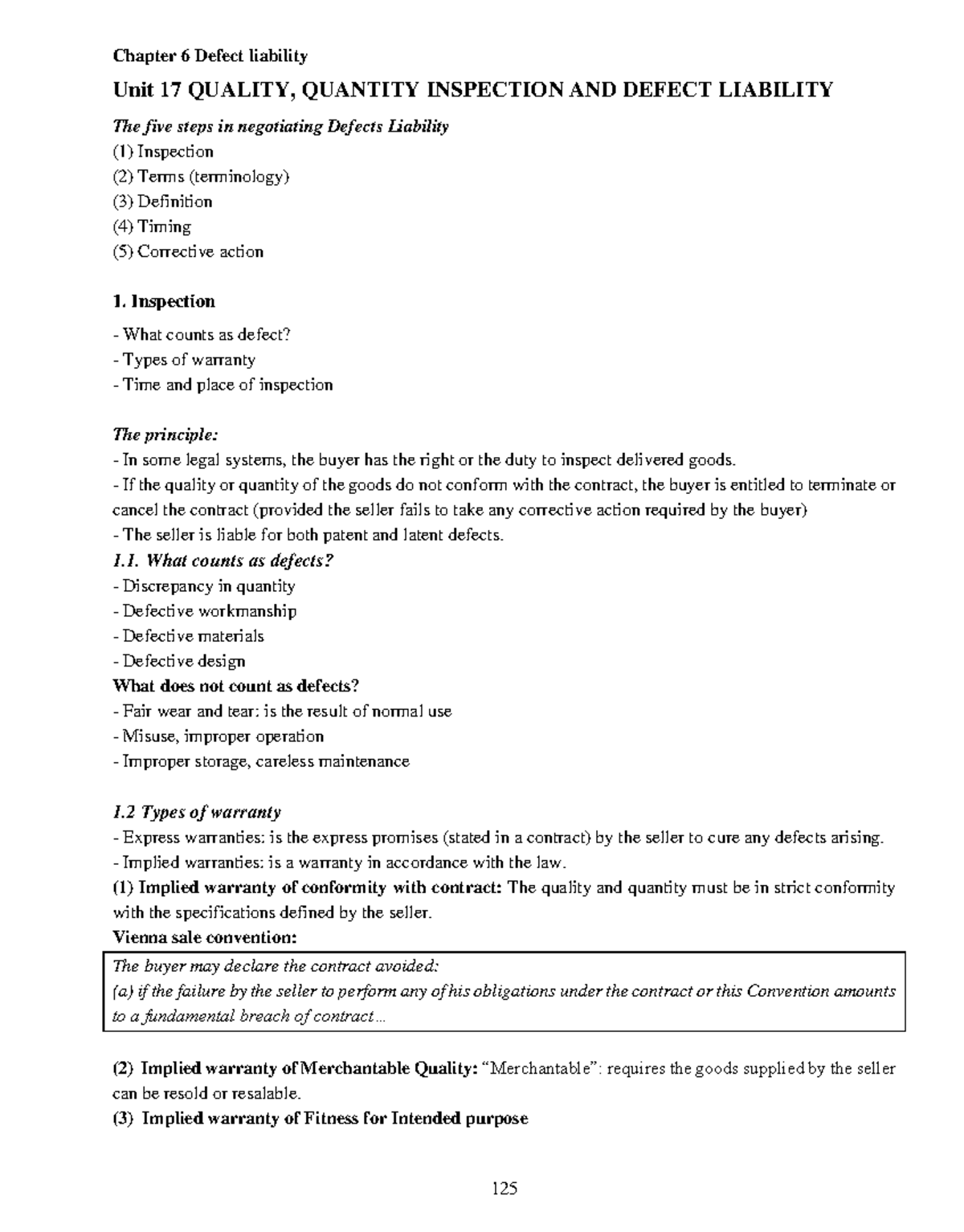 IBC ML U17 Chapter 6: Defect Liability & Quality Inspection Guide - Studocu