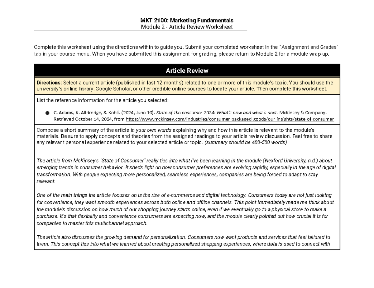 MKT 2100 Module 2 - Article Review Worksheet - MKT 2100: Marketing Fundamentals Module 2 ...