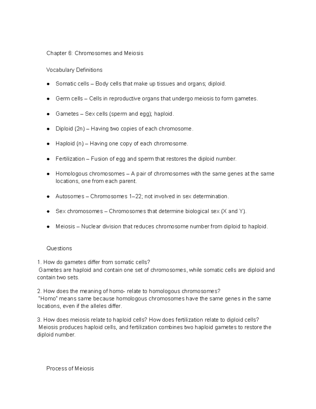 Chapter 6: Chromosomes and Meiosis Vocabulary Definitions - Studocu