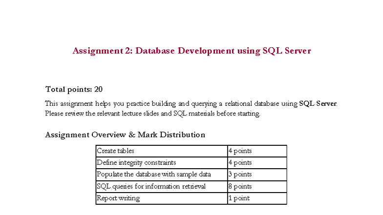Assignment 2: SQL Server Database Development and Queries - Studocu
