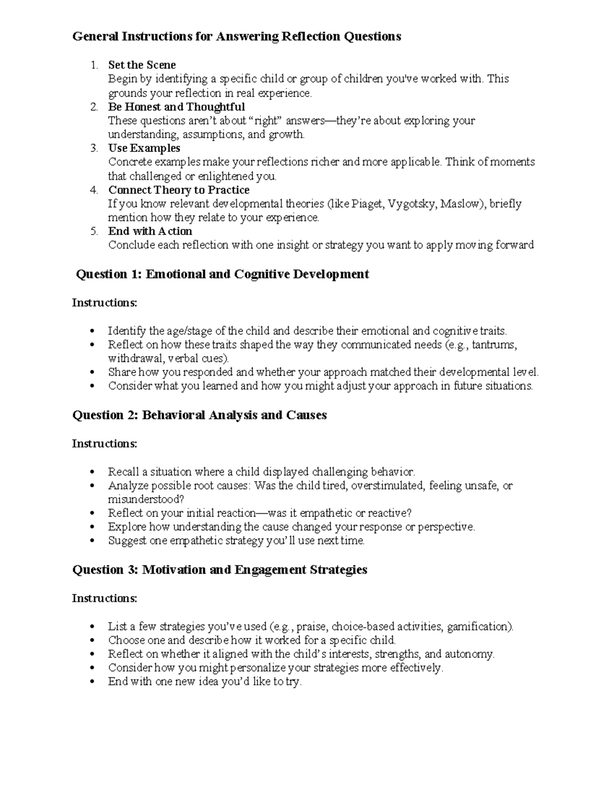 Reflection Questions Instructions for Child Development Analysis - Studocu