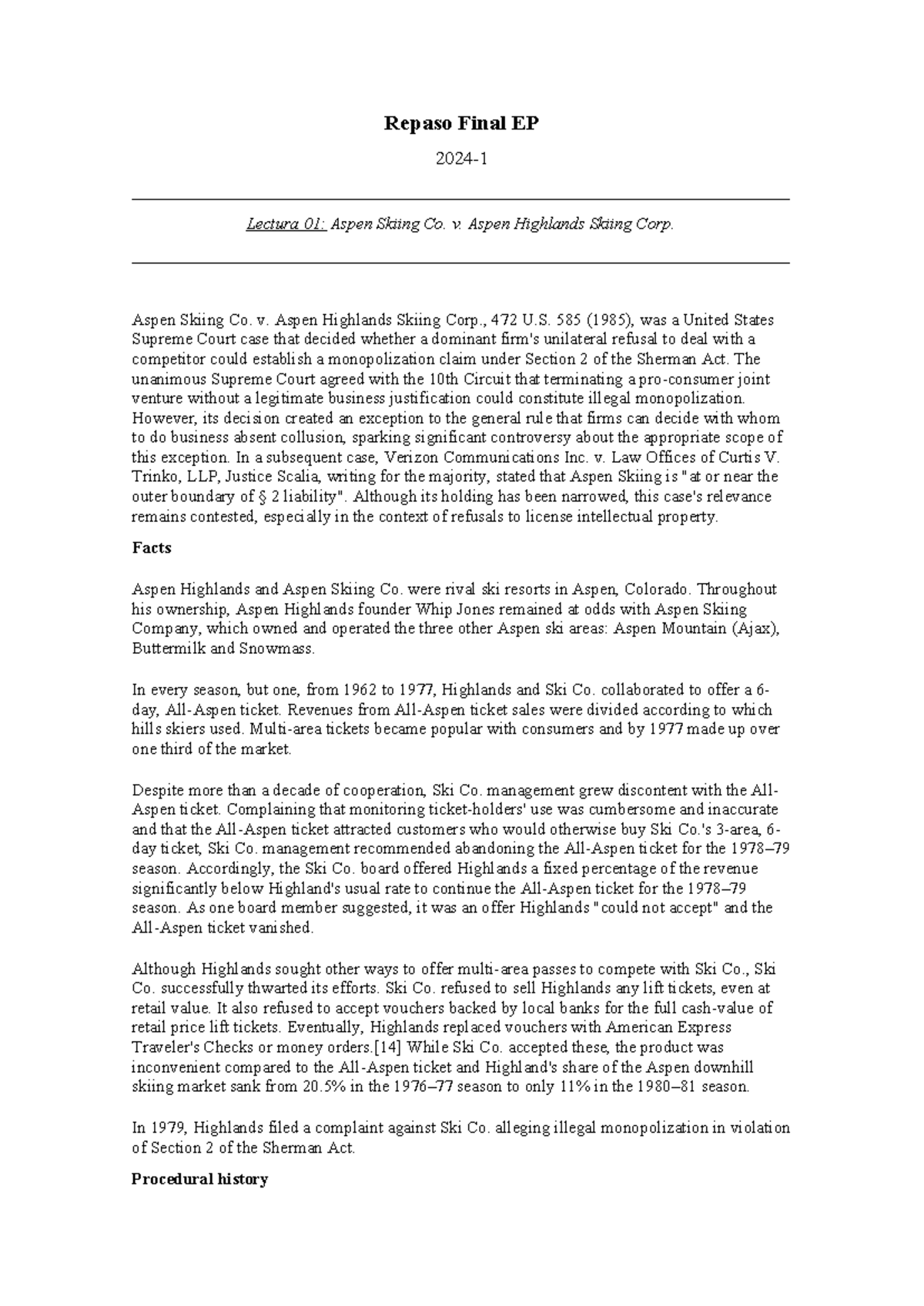 Repaso Final EP: Aspen Skiing Co. v. Aspen Highlands Case Study - Studocu