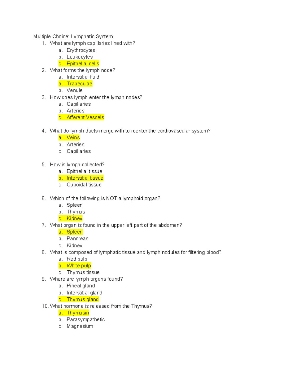 MCQs on the Lymphatic System (Course Code: XX123) for Study Review ...