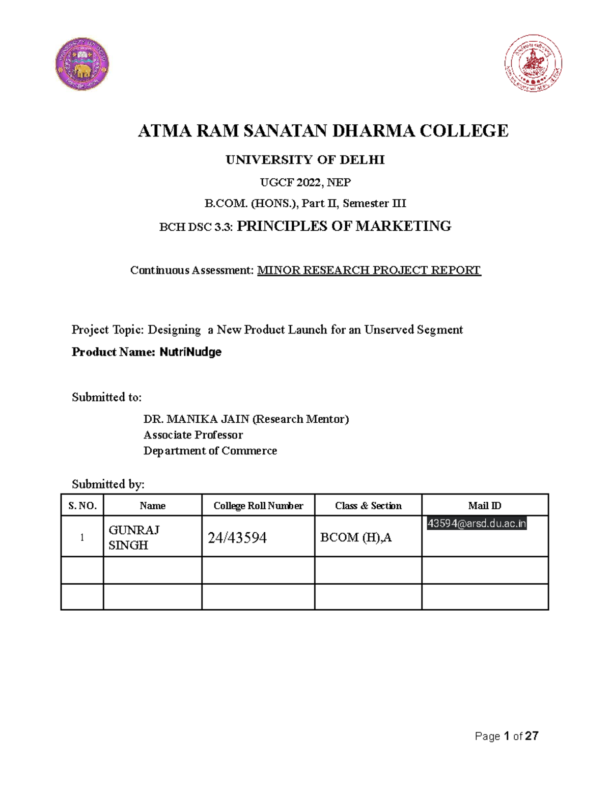 BCH DSC 3.3: Minor Research Project on NutriNudge Product Launch - Studocu