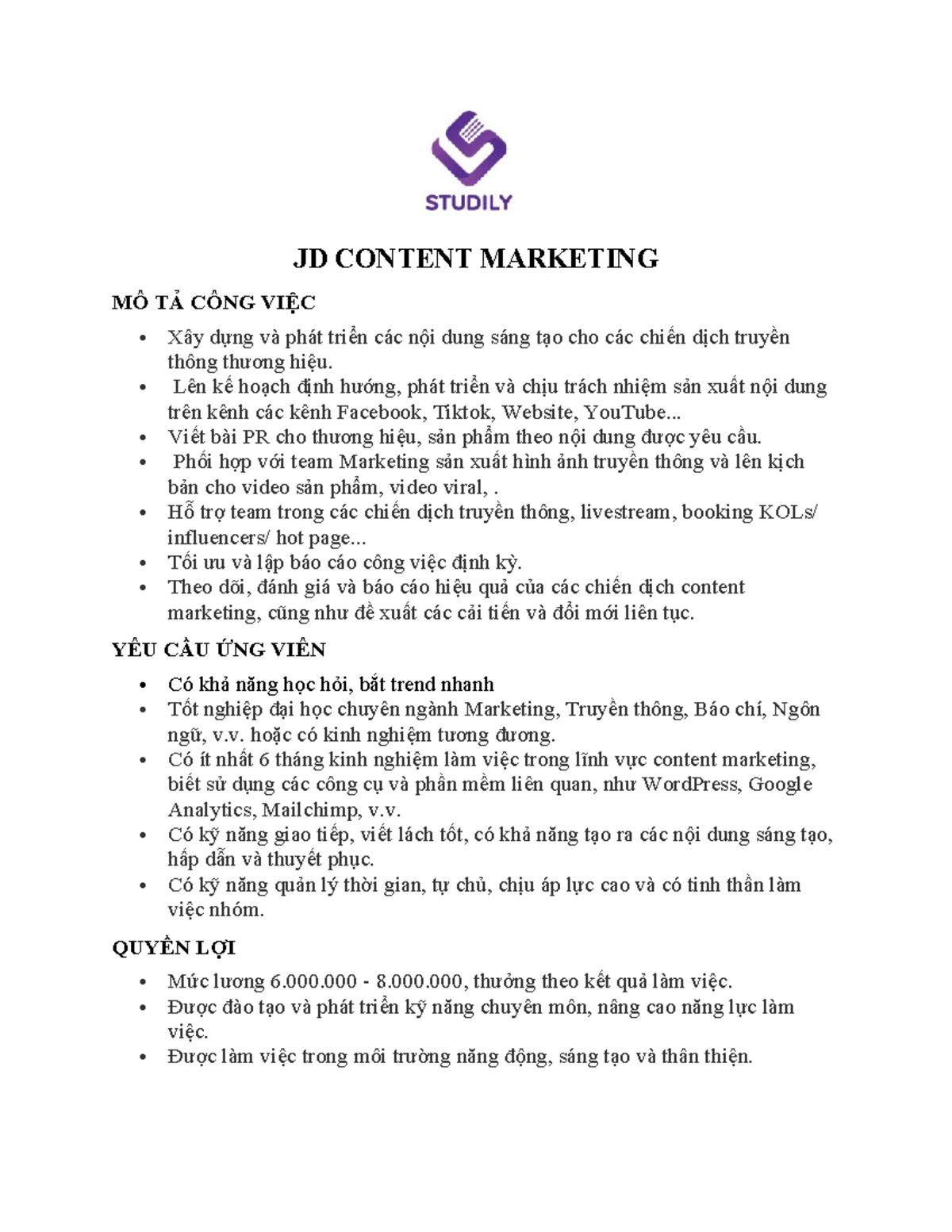 JD - Mô Tả Công Việc Content Marketing Chi Tiết - Studocu
