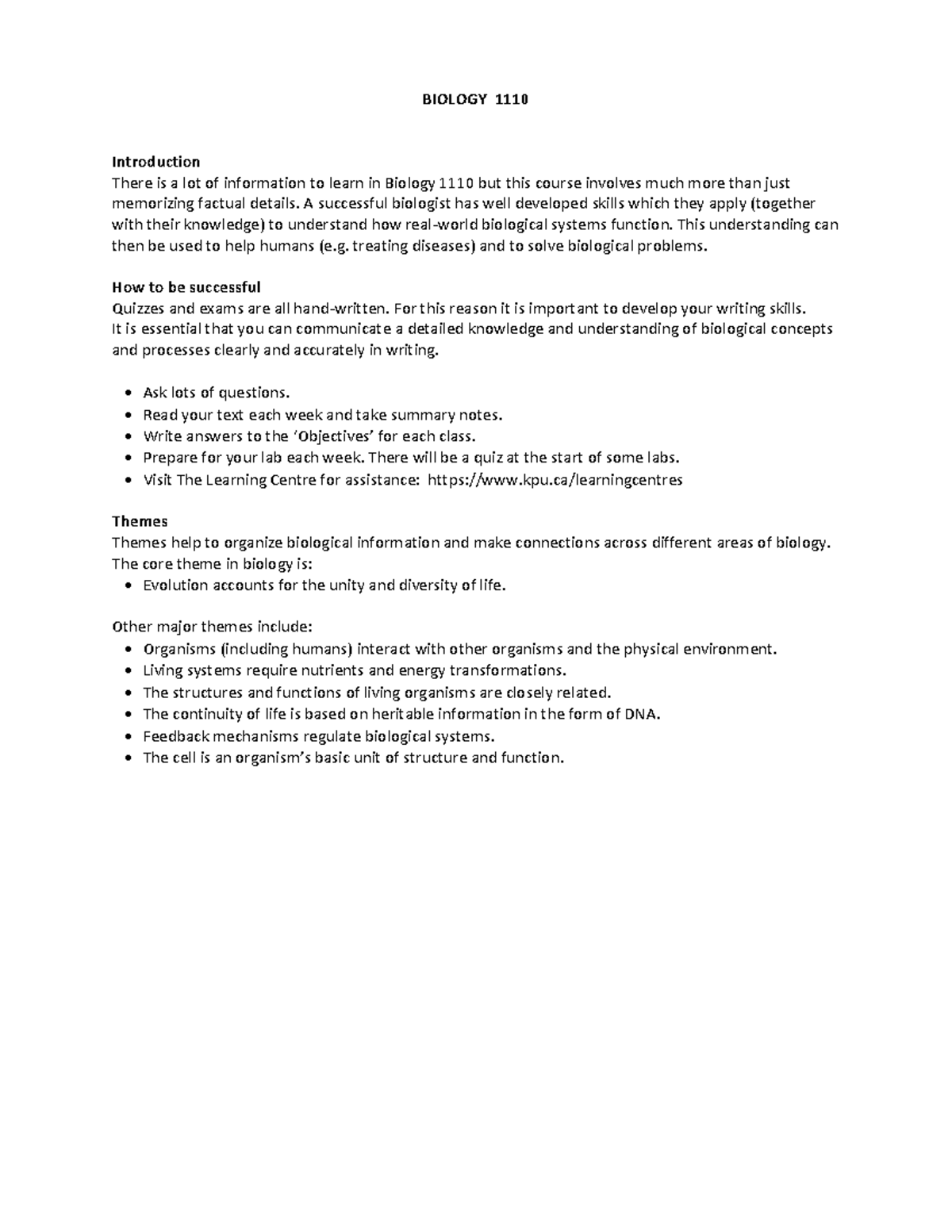 BIOL 1110 Intro - Overview of Course Structure & Success Tips - Studocu