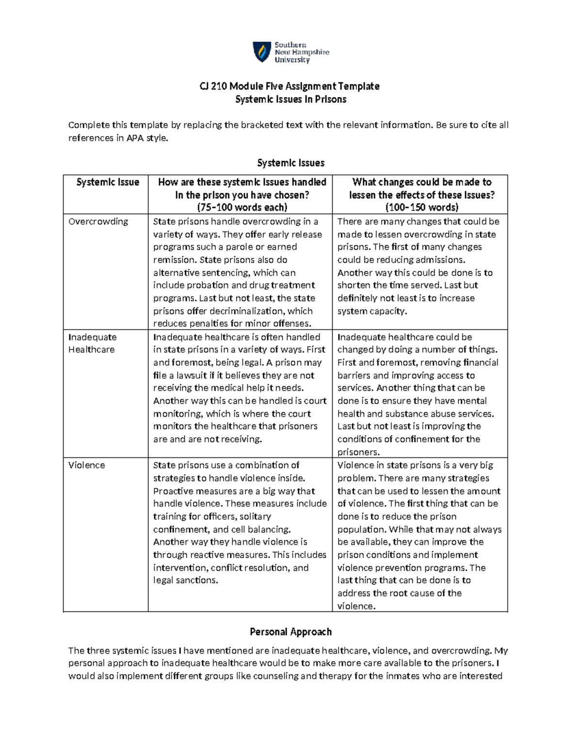 CJ 210 Module Five Assignment: Addressing Systemic Issues in Prisons ...