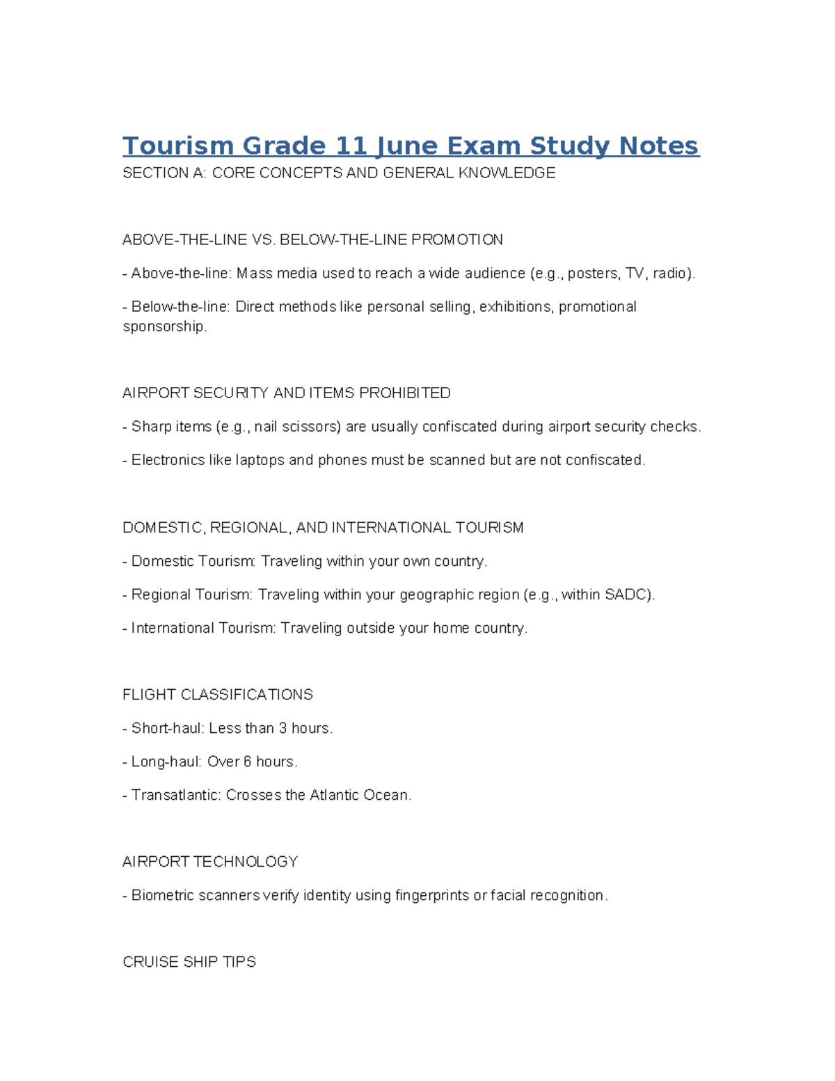 Tourism Grade 11 June Exam Study Notes: Core Concepts & Key Topics ...