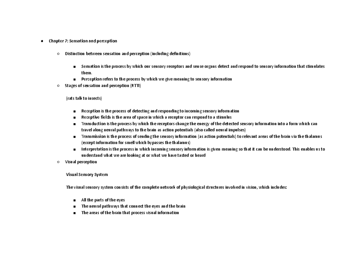 PSYCHOLOGY VCE UNIT 2 AOS 2 - Understanding Sensation and Perception ...