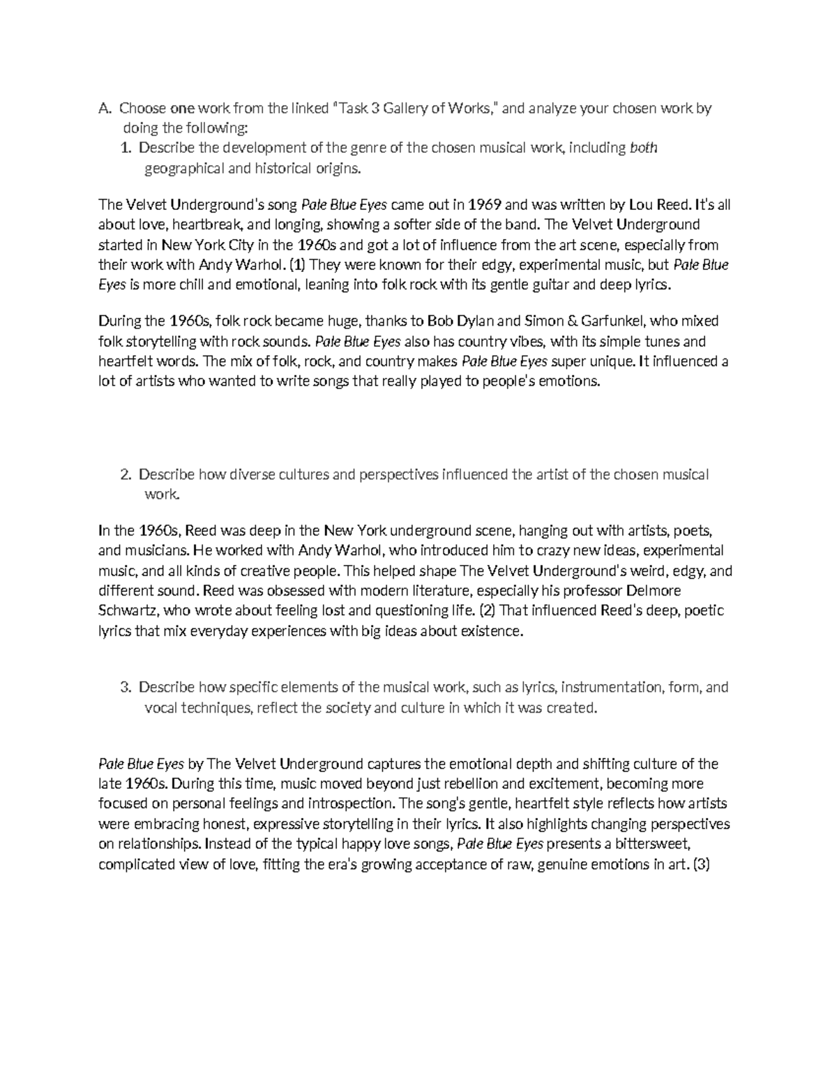 Task 3 D198: Analyzing "Pale Blue Eyes" by The Velvet Underground - Studocu