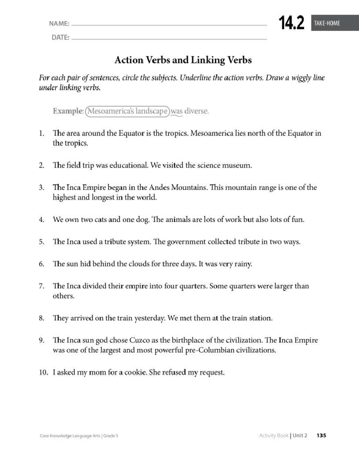 CKLA Grade 5 Unit 2: Action & Linking Verbs Activity Guide - Studocu
