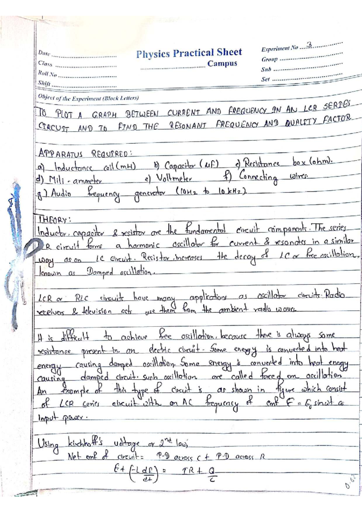 Physics Experiment No. 3: Current-Frequency Graph in LCR Circuit - Studocu