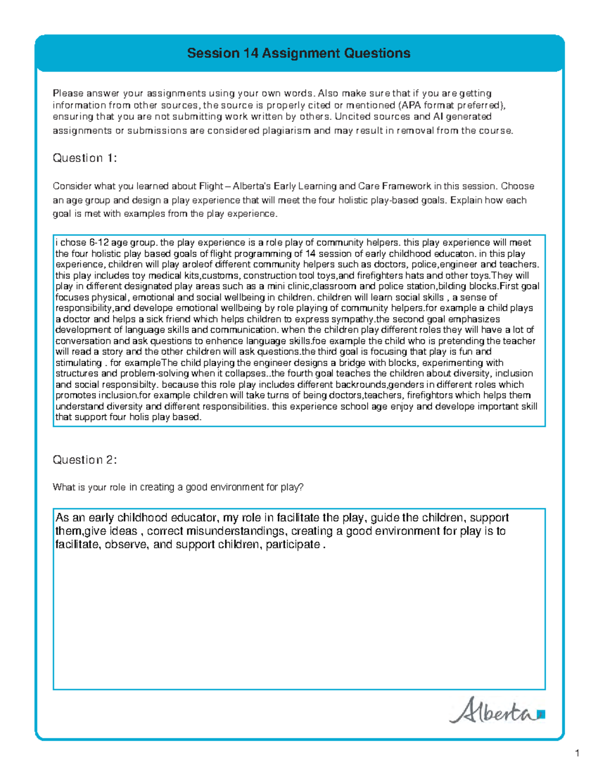 Session 14 - Assignment on Flight & Holistic Play-Based Goals - Studocu