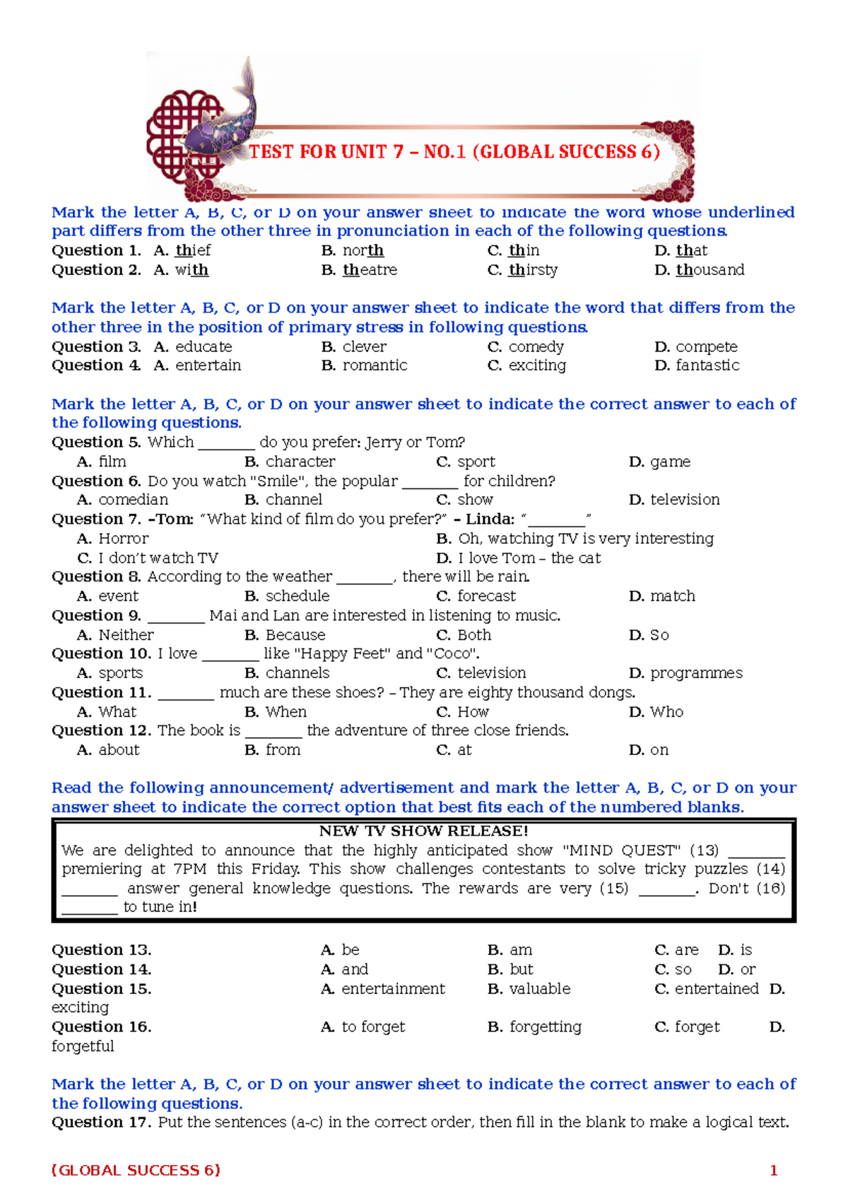 TEST FOR UNIT 7 - Global Success 6 - Student Assessment - Studocu