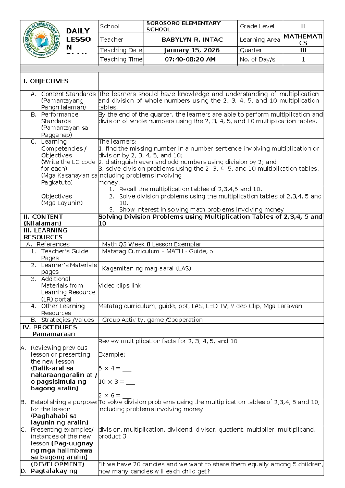 DLP Math 2 Q3 W8: Division & Multiplication Lesson Plan - Studocu