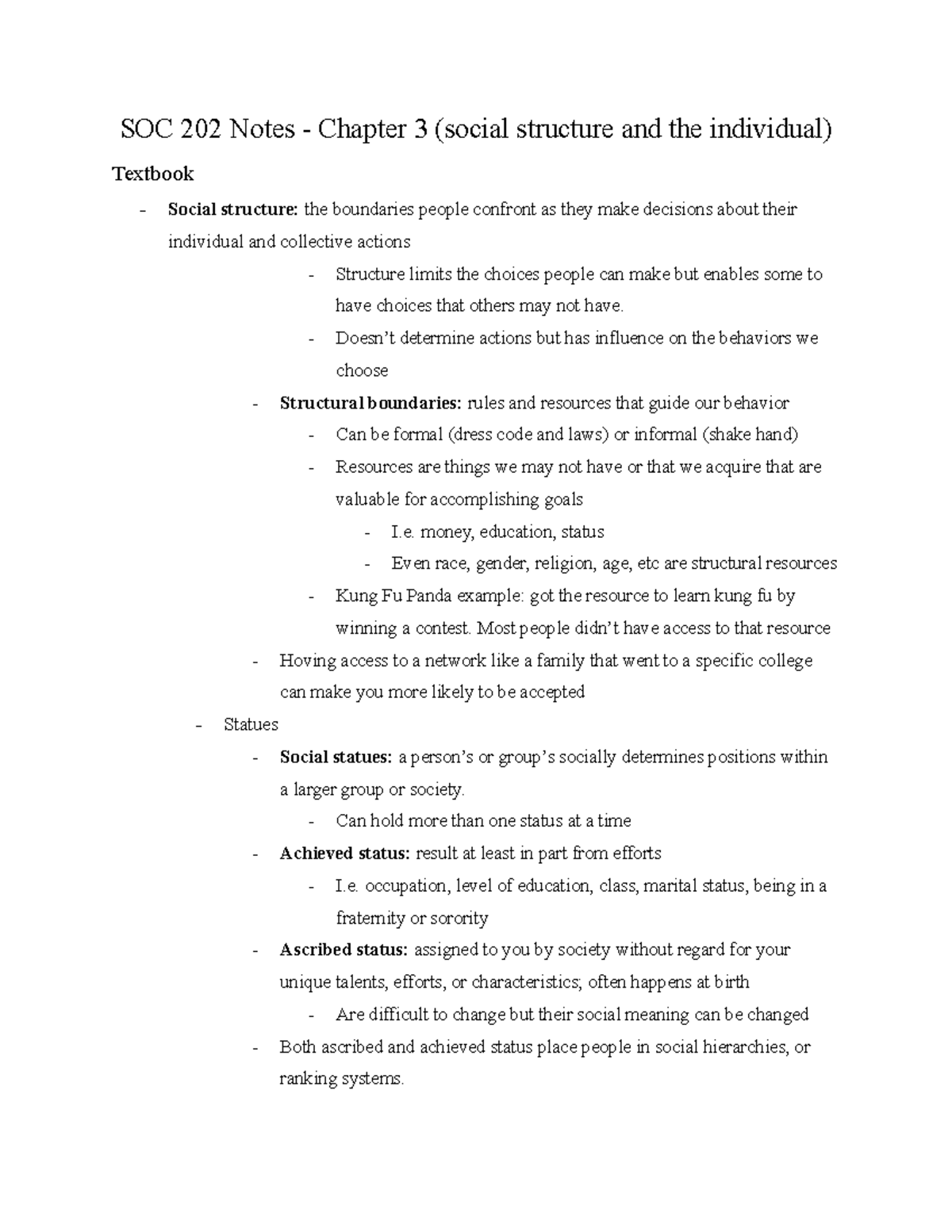 SOC 202 Notes - Chapter 3 (social structure and the individual) - SOC ...