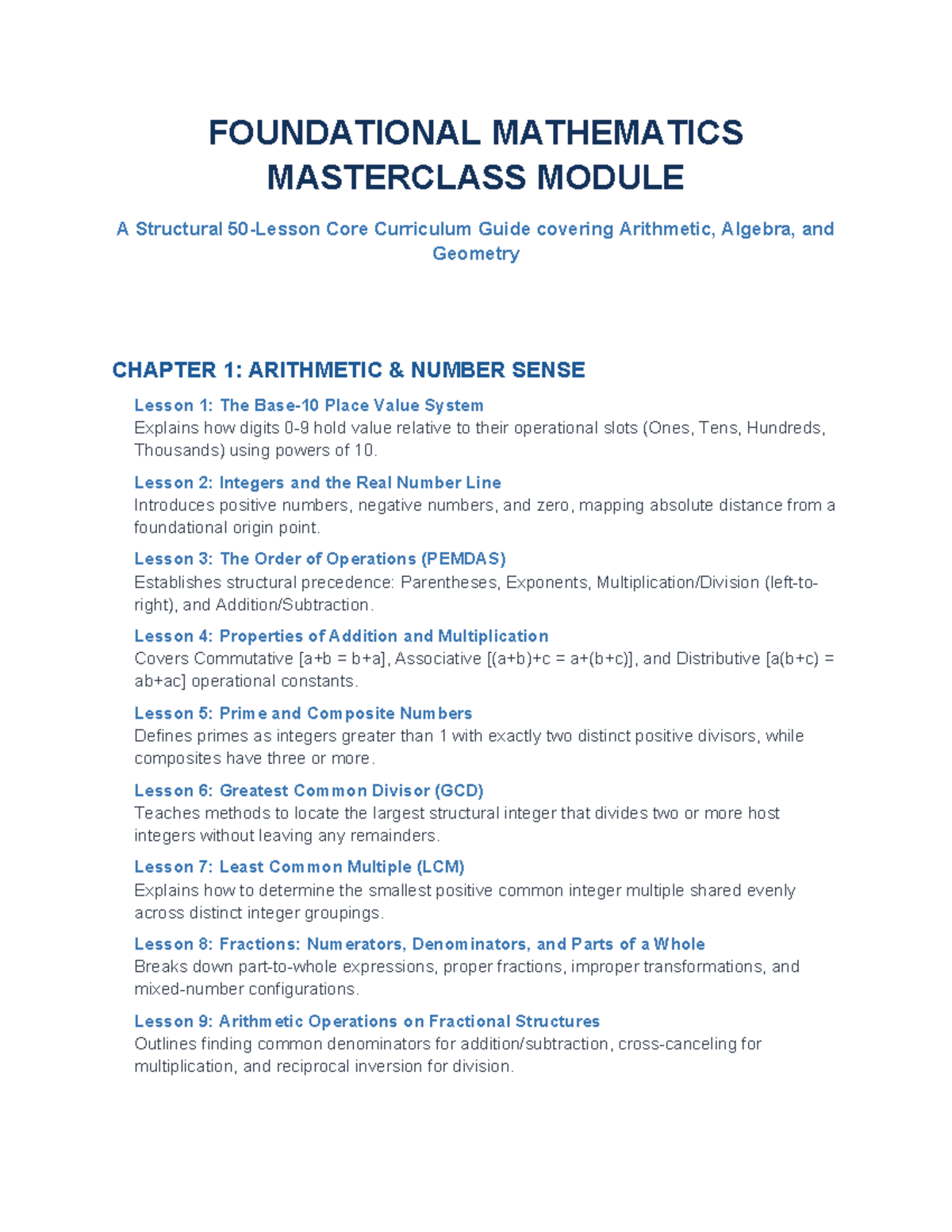 FOUNDATIONAL MATHEMATICS MASTERCLASS MODULE A: Lessons 1-50 Overview ...