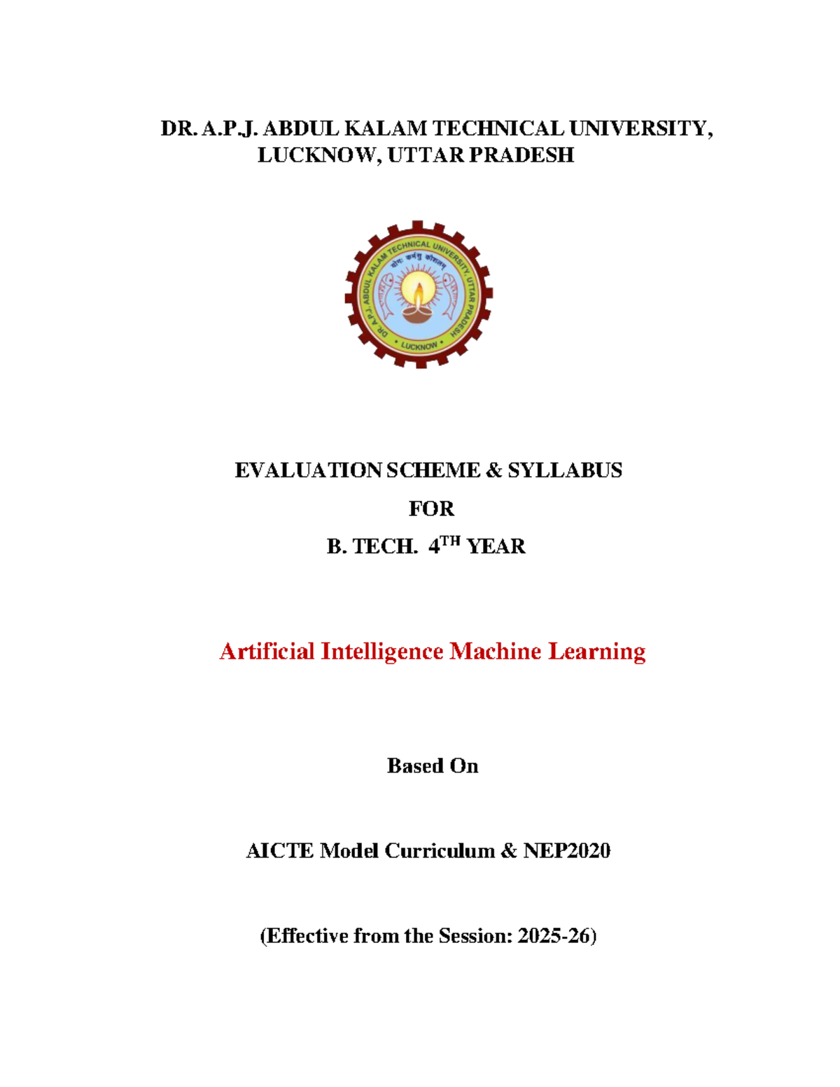 B.Tech AI & ML Syllabus 4th Year 2025-26 - Evaluation Scheme - Studocu
