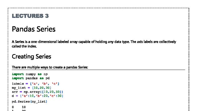 Pandas LECTURES: Series, DataFrames, and Data Manipulation - Studocu