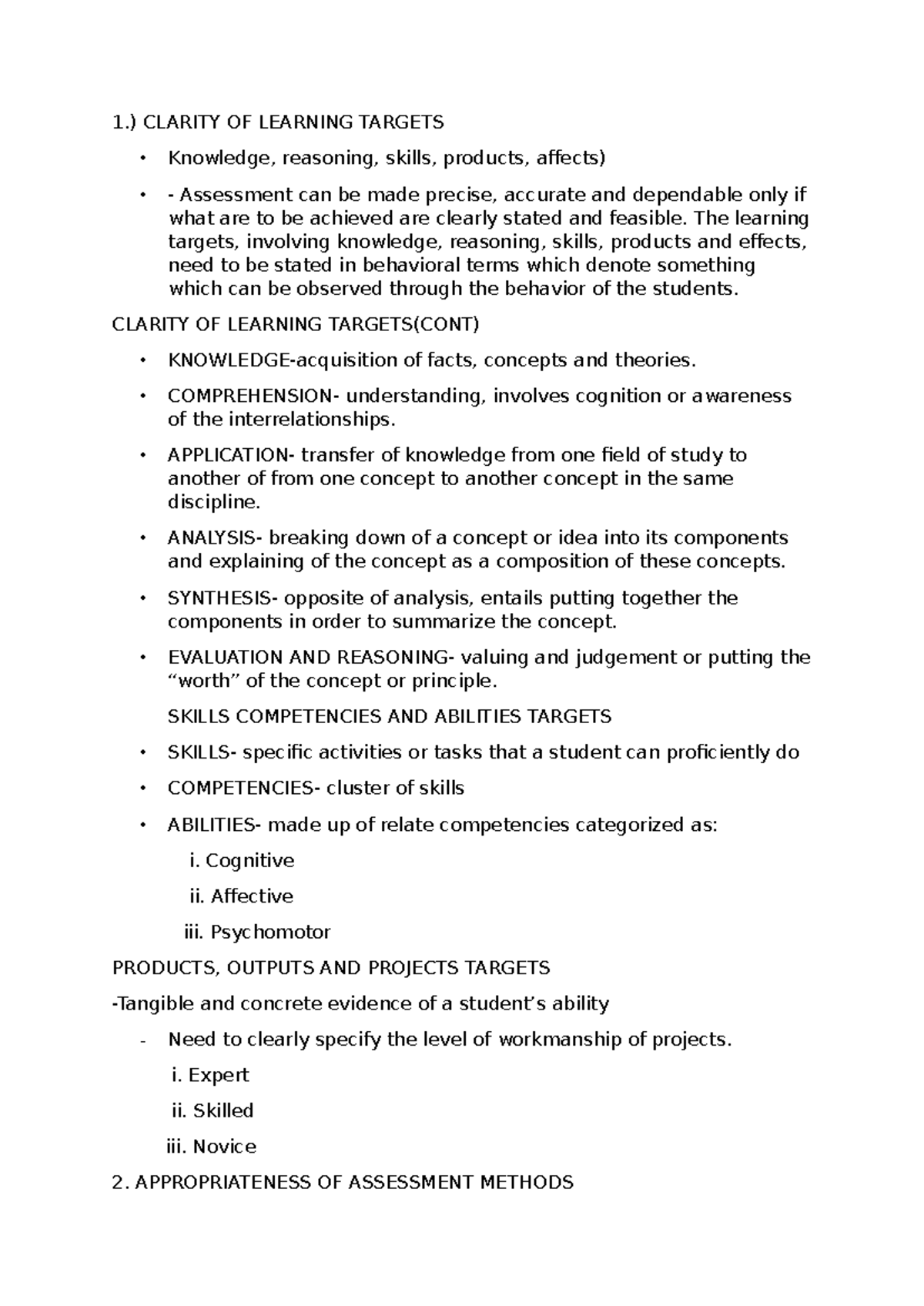 1.) CLARITY OF LEARNING TARGETS & ASSESSMENT METHODS (EDU 101) - Studocu