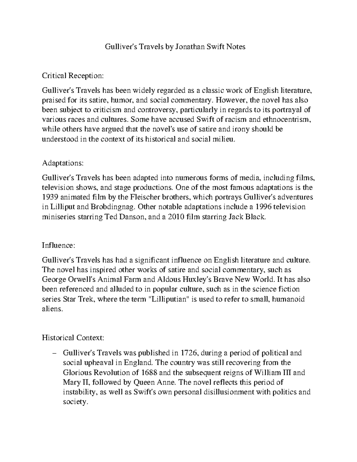 Gulliver's Travels by Jonathan Swift: Critical Analysis & Notes - Studocu