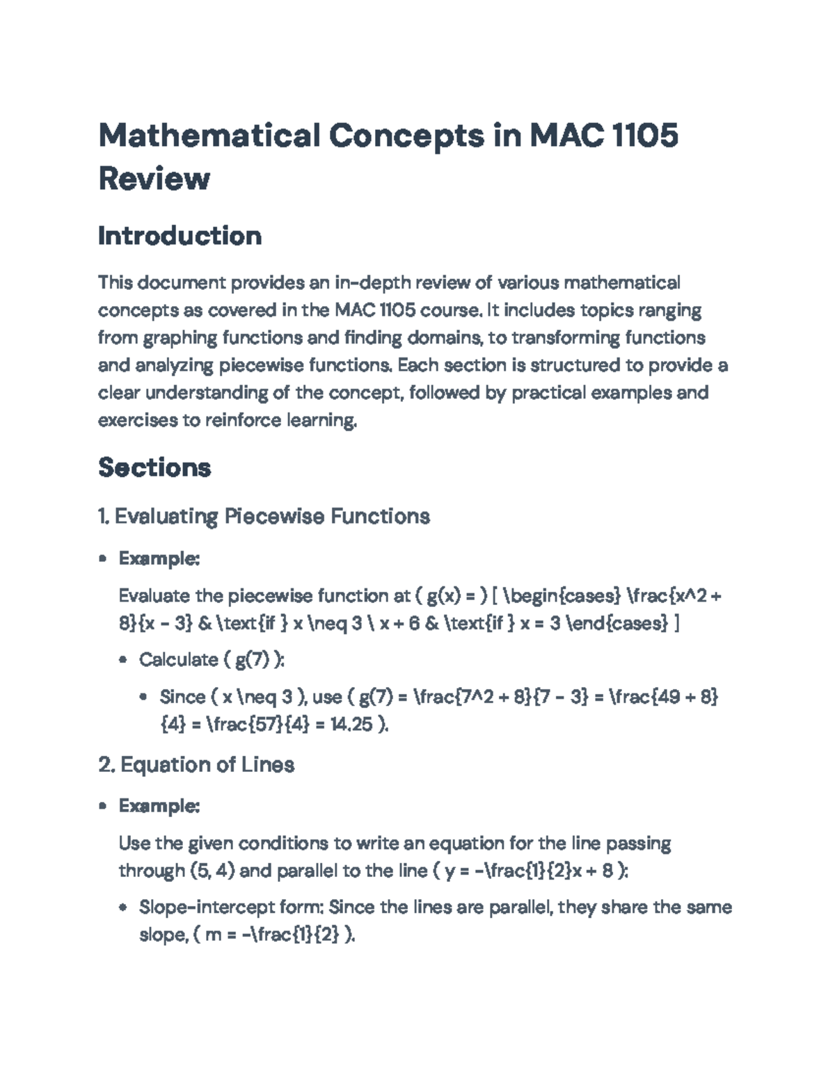 MAC 1105: Comprehensive Review of Mathematical Concepts and Functions ...