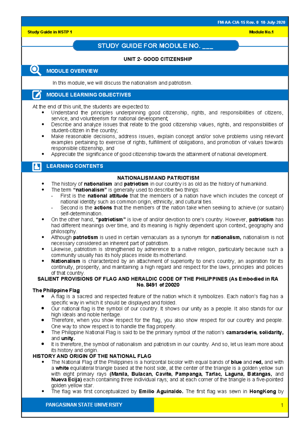 NSTP 1 Module 1 Study Guide: Nationalism & Patriotism Overview - Studocu