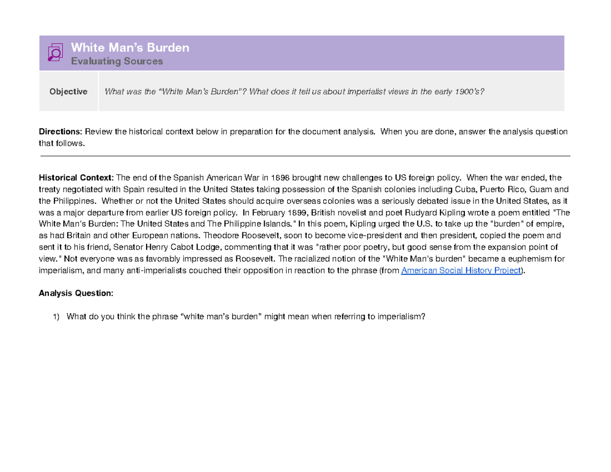 Unit 6: Analyzing "White Man's Burden" and Sources of Imperialism - Studocu