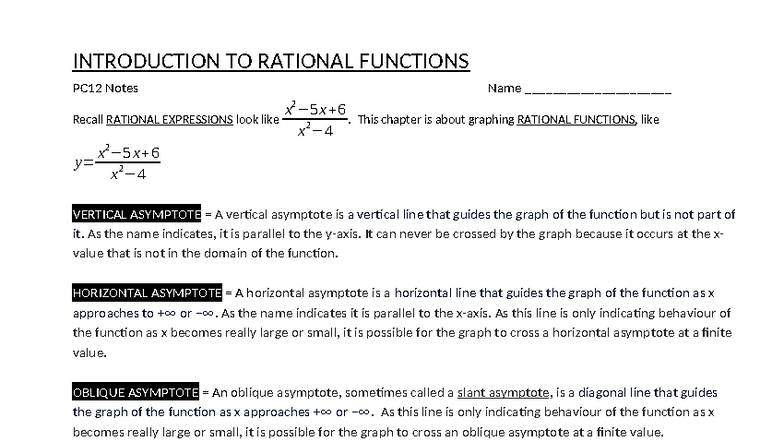 Rational Functions PC12 Lecture Notes: Asymptotes & Discontinuities ...