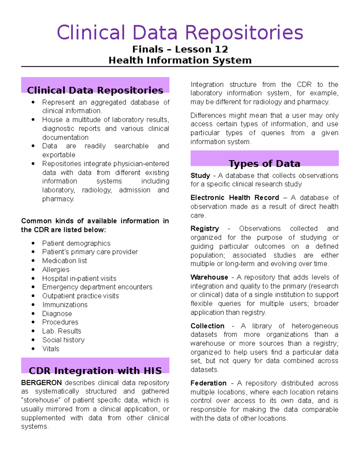 L12 Clinical Data Repositories - Medical technology - UBian - Studocu
