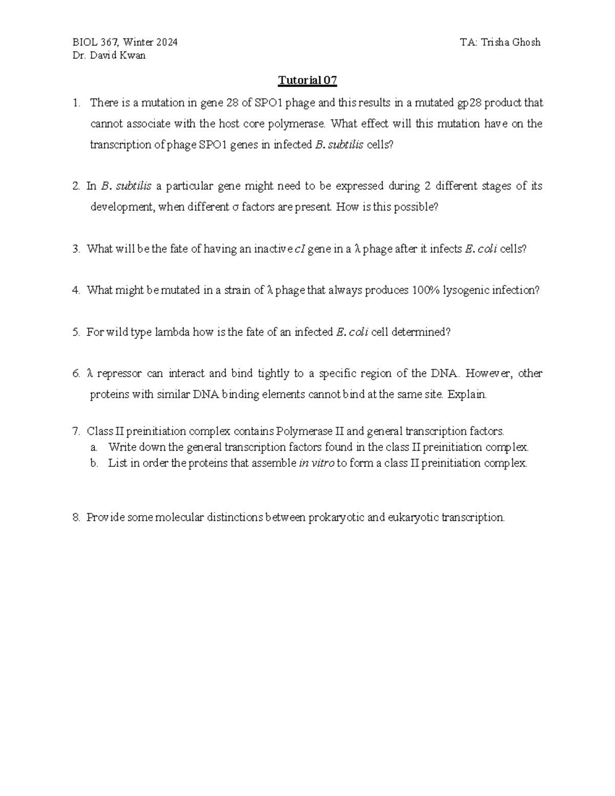 BIOL 367 - Tutorial 7: Key Concepts in Phage Genetics and Transcription ...