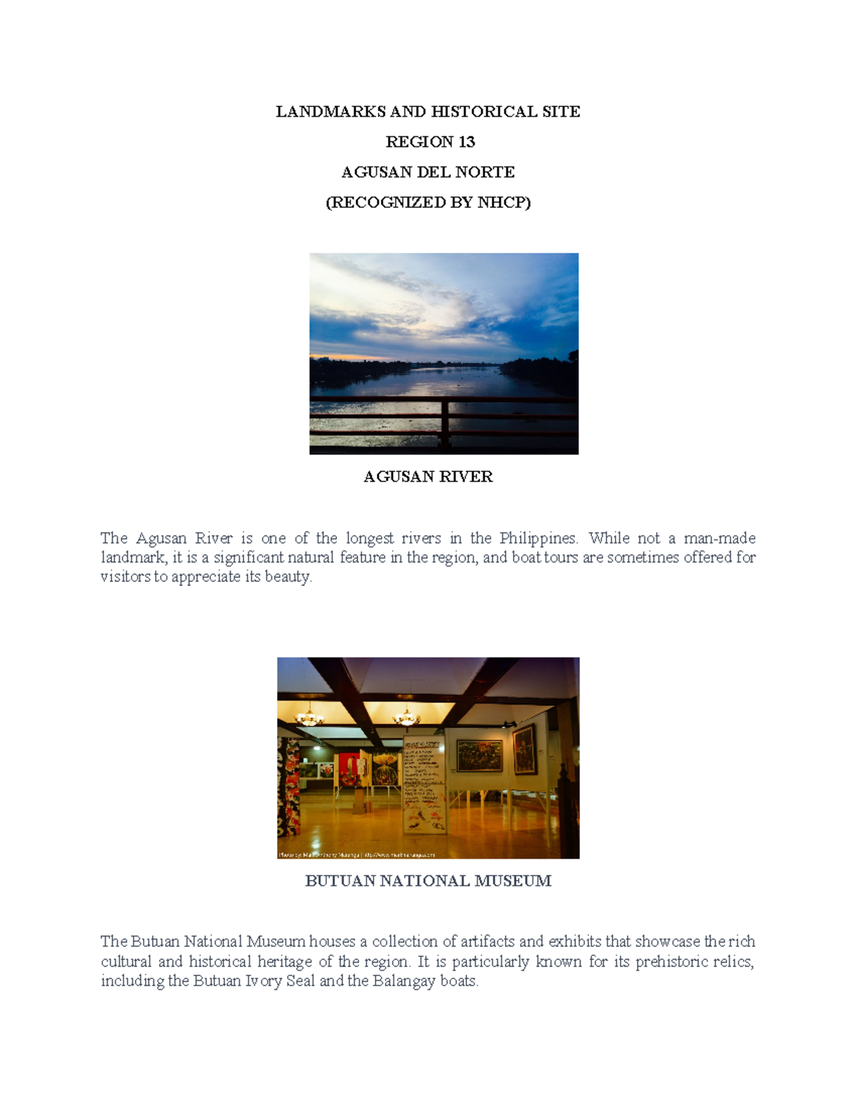 Landmarks & Historical Sites in Region 13 (Caraga) Overview - Studocu