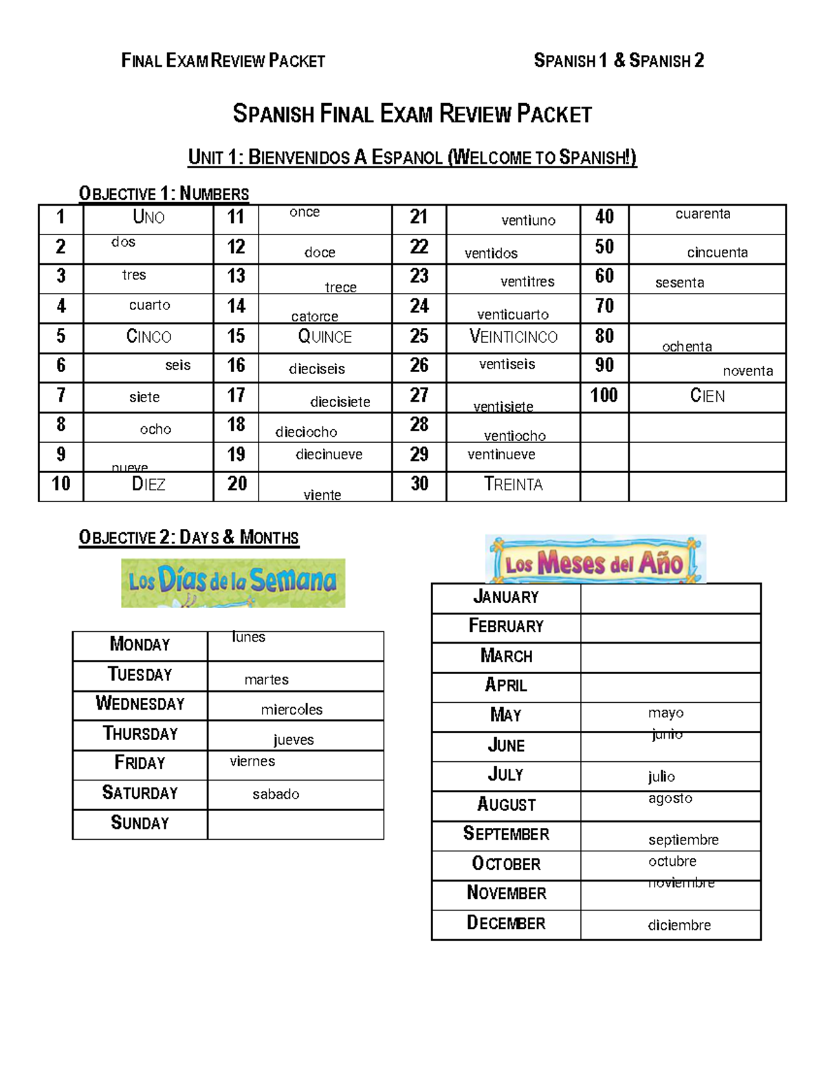 SPANISH 1 & 2 FINAL EXAM REVIEW PACKET: UNITS 1 & 2 OVERVIEW - Studocu