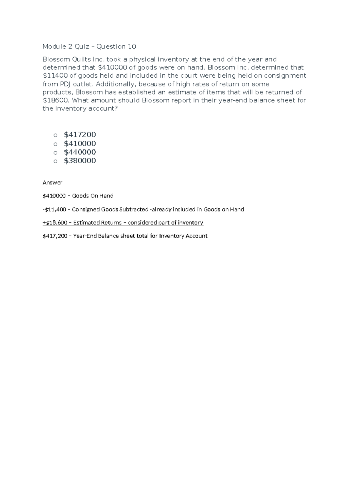 Module 2 Quiz - Inventory Accounting Question 10 Analysis - Studocu