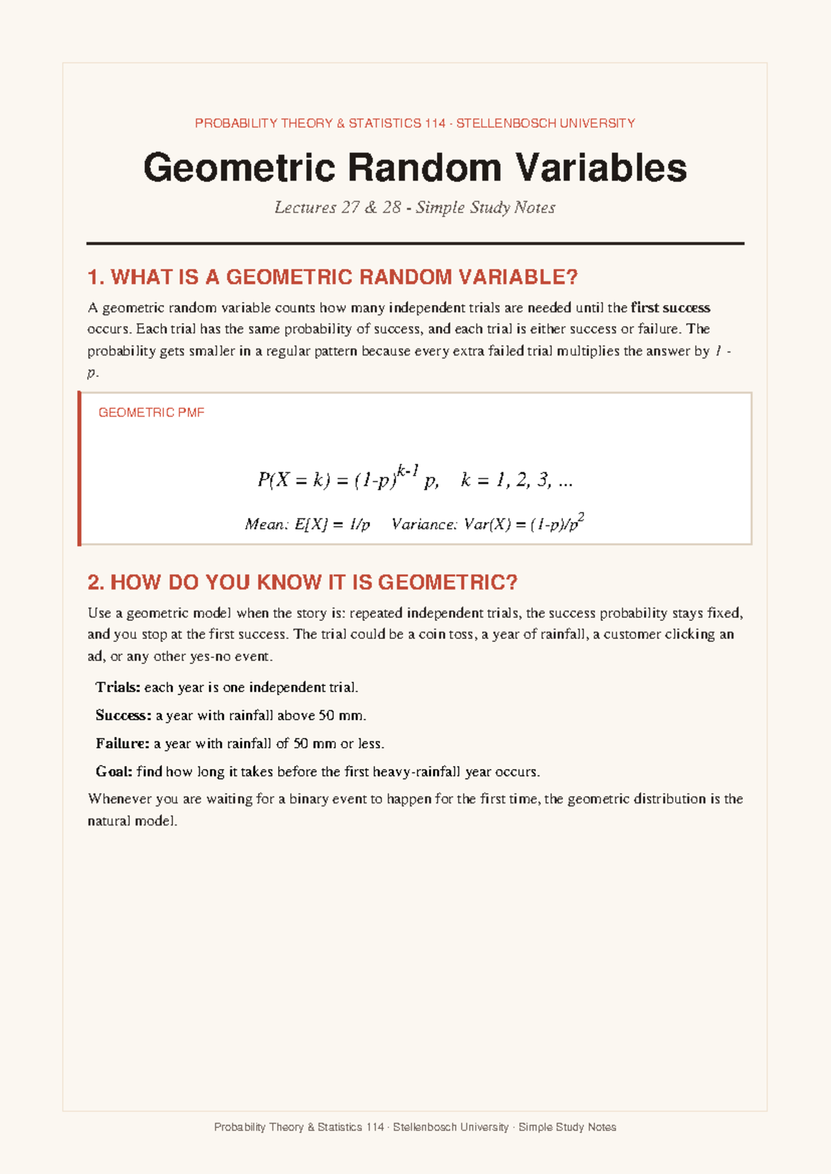 Probability Theory Statistics 114: Geometric Random Variables Study ...