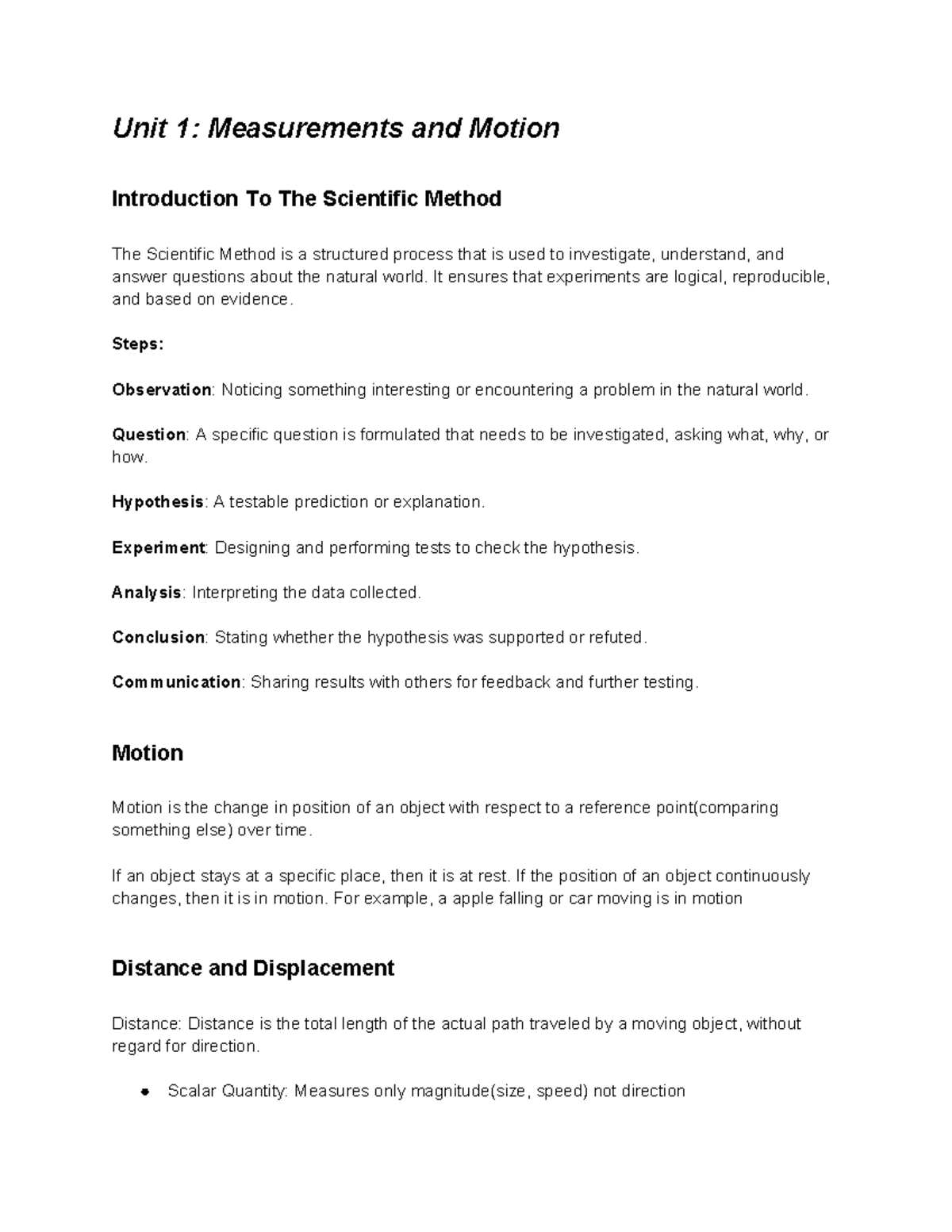 Physics FYE Notes: Unit 1 - Measurements, Motion & Scientific Method ...