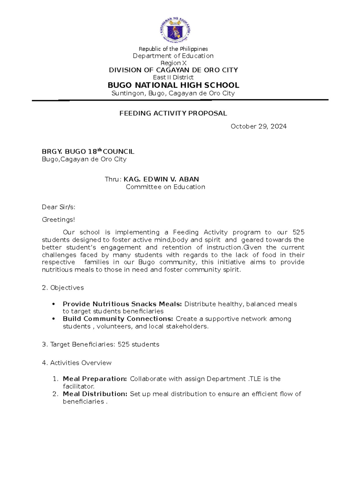 Feeding Activity Proposal for TLE - Bugo National High School - Studocu