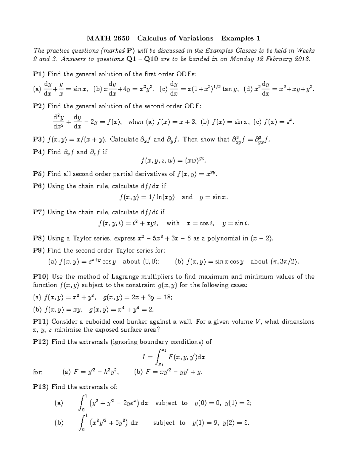Examples 1 - MATH 2650 Calculus of Variations Examples 1 The practice ...