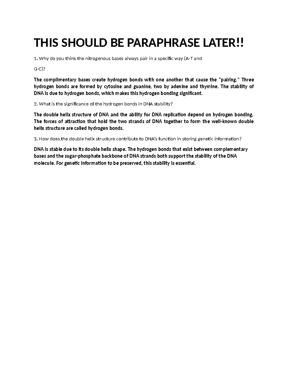 Activity 1 DNA - act - THIS SHOULD BE PARAPHRASE LATER!! 1. Why do you ...