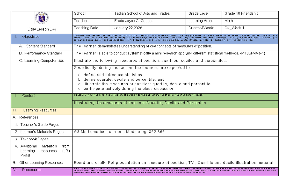 Daily Lesson Log I: Illustrating Measures of Position in Math (Grade 10 ...