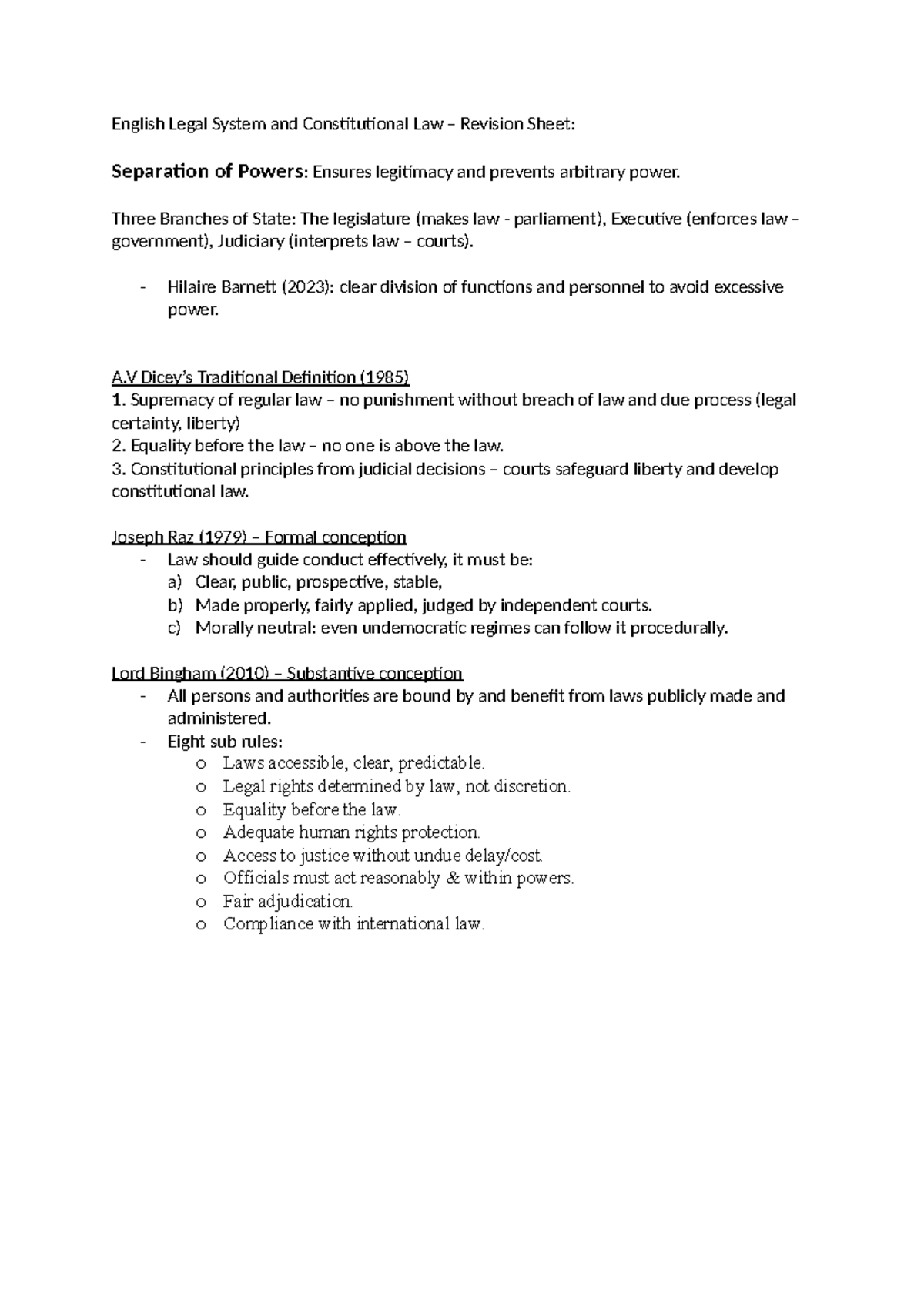 English Legal System & Constitutional Law Revision Sheet: Separation of ...
