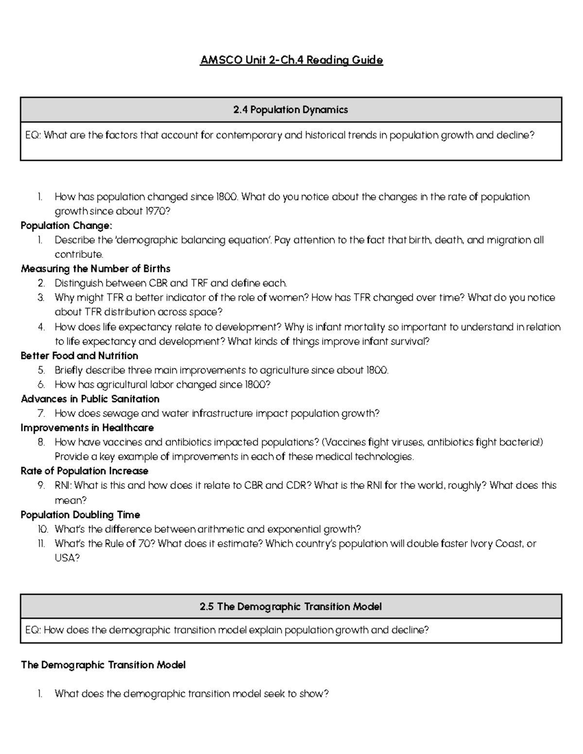 AMSCO Unit 2 - Chapter 4 Reading Guide: Population Dynamics and Trends ...