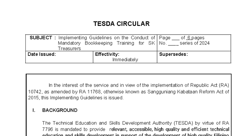 TESDA Circular: Guidelines for Mandatory Bookkeeping Training for SK ...