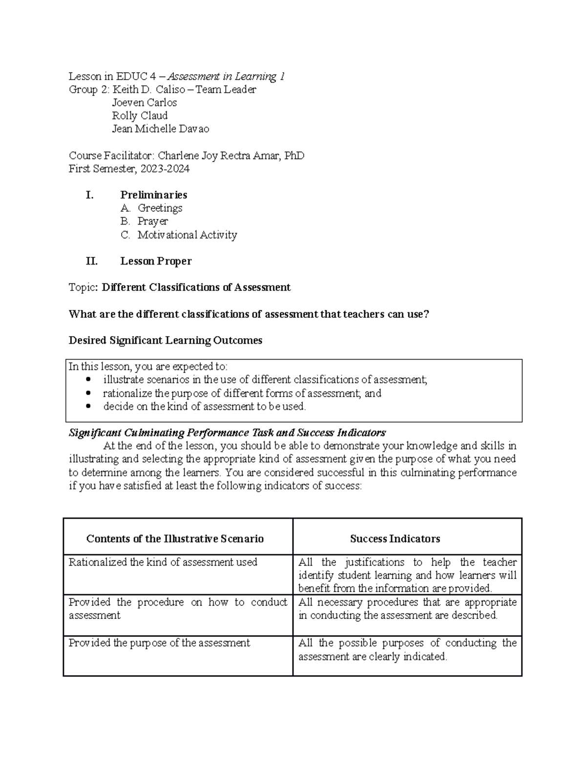 Lesson Overview: Assessment Classifications in EDUC 4 - Studocu