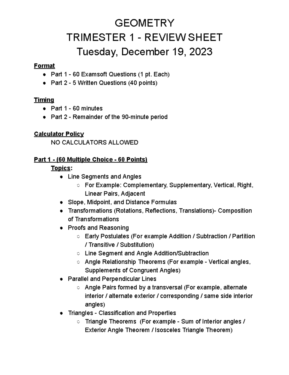 Honors Geometry - 1st Trimester Review Sheet - 2324 - GEOMETRY ...