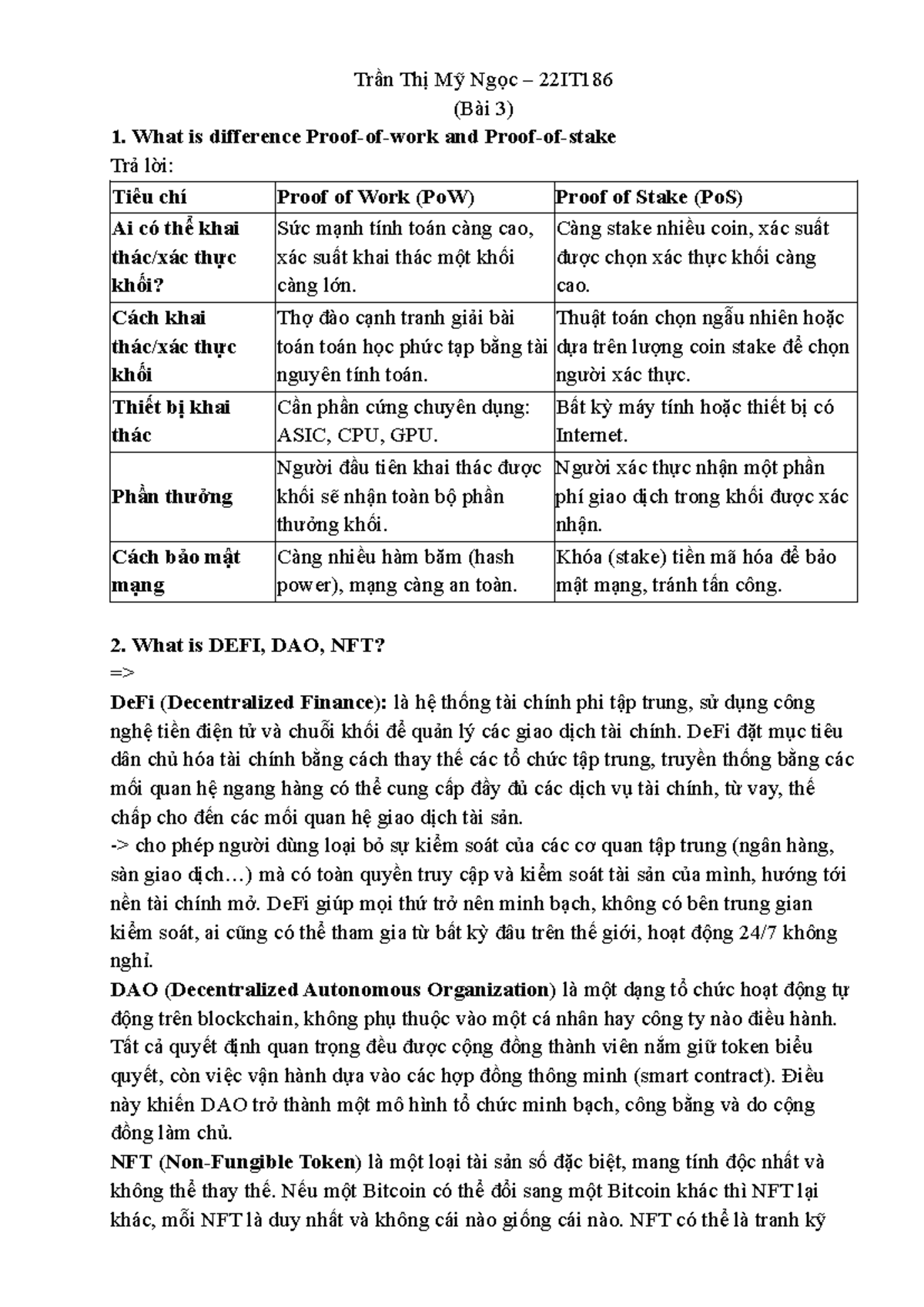 Bài 3: So Sánh PoW, PoS, DeFi, DAO, NFT và Blockchain - Studocu