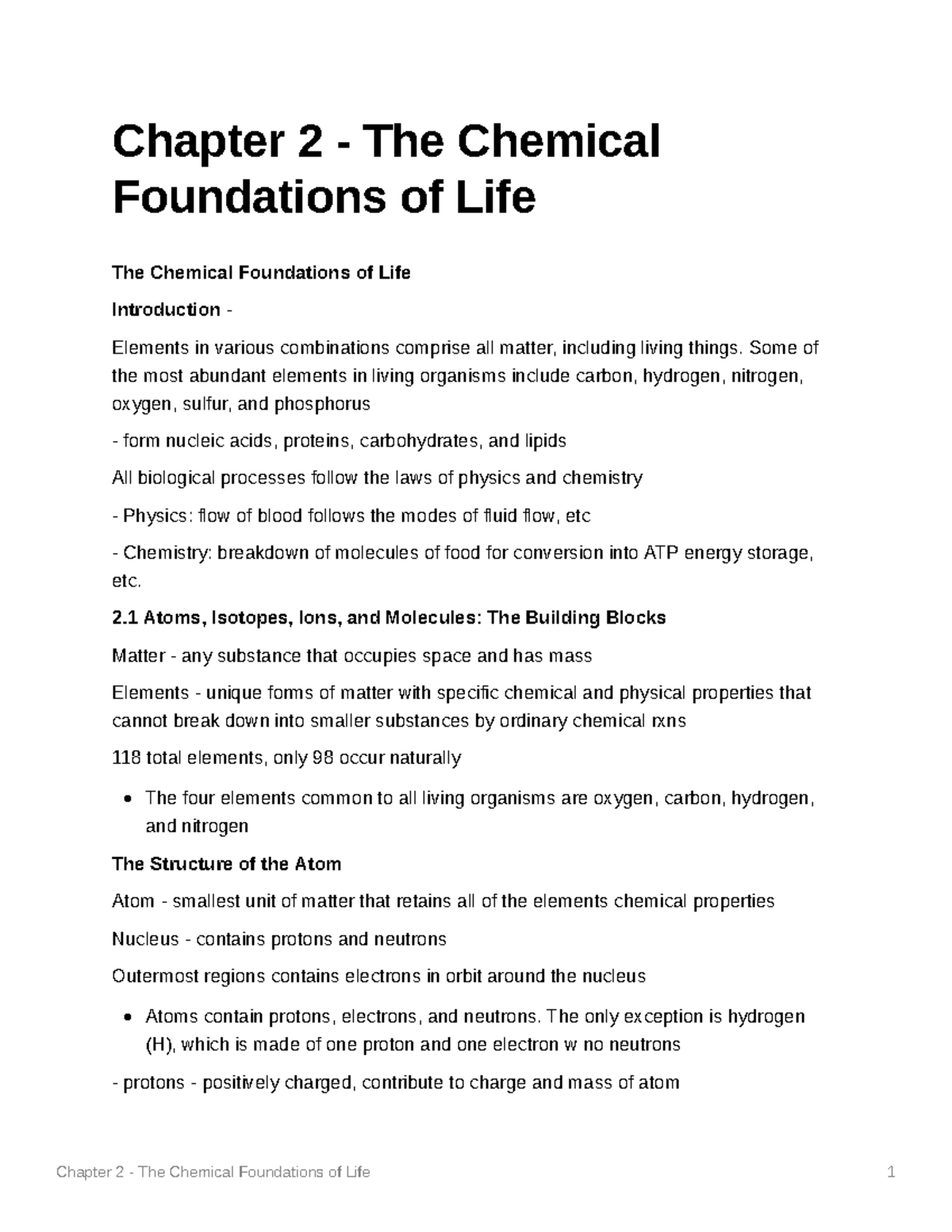 Chapter 2: Chemical Foundations of Life Explained - Studocu