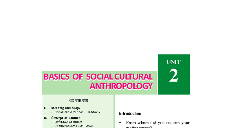 Unit 02: Basics of Social Cultural Anthropology - Key Concepts and ...
